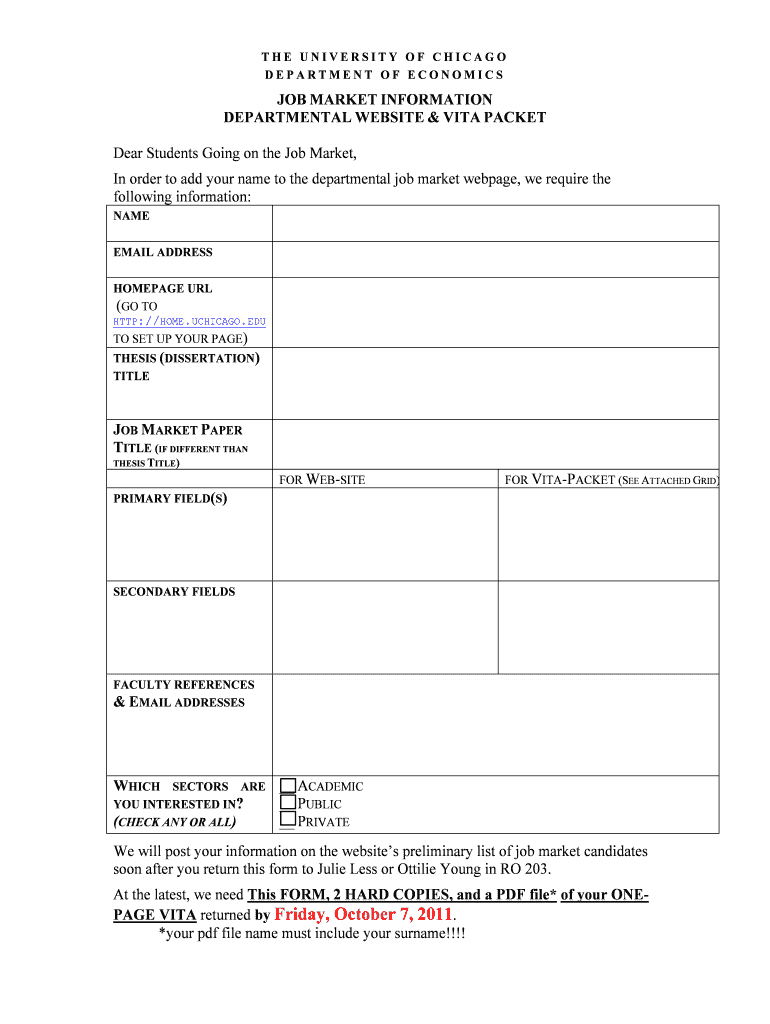 Fillable Online economics uchicago Placement web bformb 11 - University of Chicago Department of ...