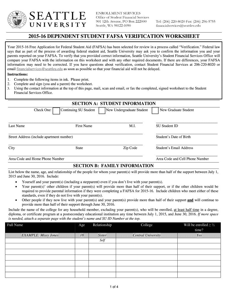Fillable Online seattleu 201516 DEPENDENT STUDENT FAFSA VERIFICATION WORKSHEET Fax Email Print ...