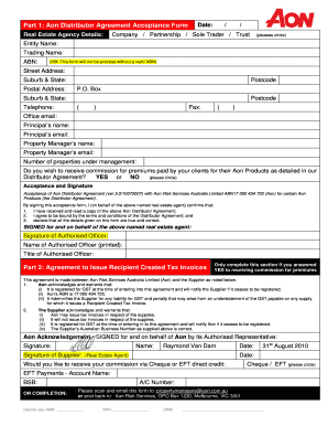Fillable Online Part 1 Aon Distributor Agreement Acceptance Form Date ...