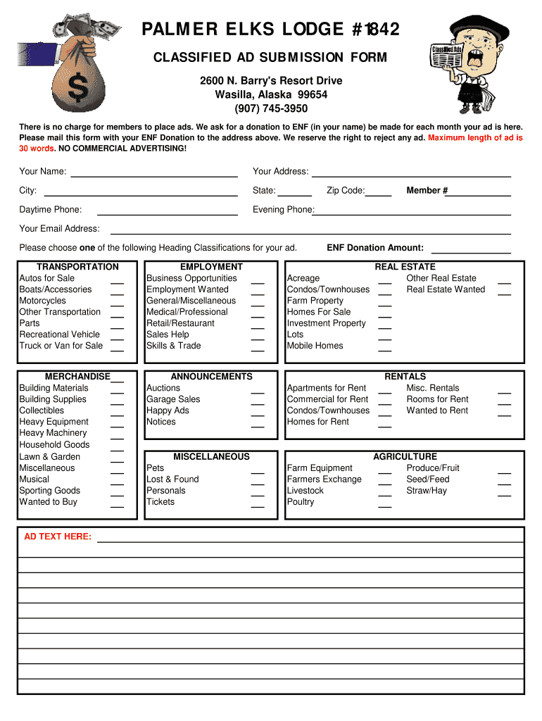 Fillable Online palmerelks Palmer Elks Classified Ad Form Classified Ad ...