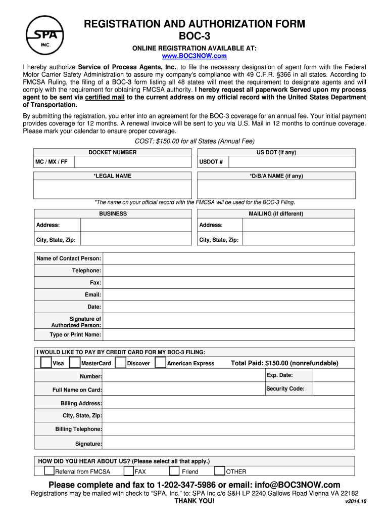 Fillable Online Processagents REGISTRATION AND AUTHORIZATION FORM BOC 3 Fillable Online Processagents REGISTRATION AND AUTHORIZATION FORM BOC 3