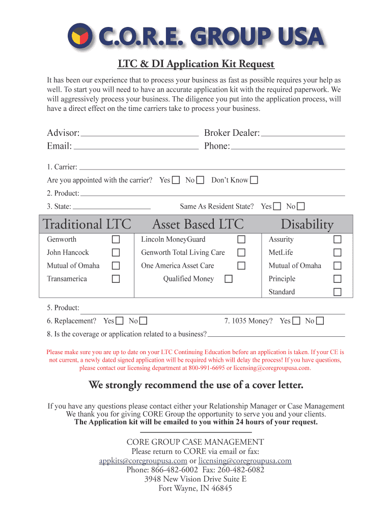 Fillable Online LTC app kit request copy - CORE Group USA Fax Email ...