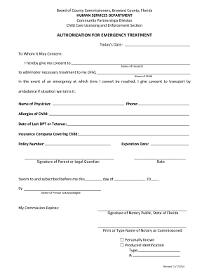 Fillable Online broward Authorization for Emergency Treatment Authorization for Emergency ...