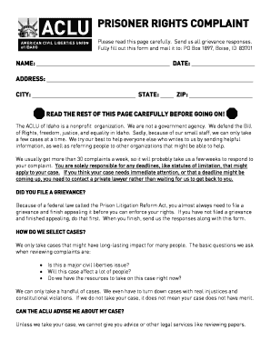 Fillable Online PRISONER RIGHTS COMPLAINT - ACLU of Idaho Fax Email ...