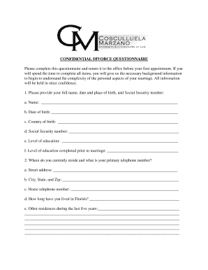 Fillable Online CONFIDENTIAL DIVORCE QUESTIONNAIRE - cmpalawcom Fax ...