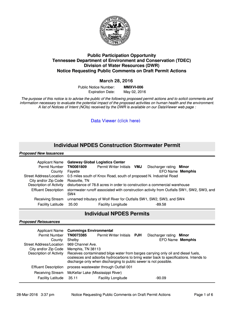 Fillable Online tn Individual NPDES Construction Stormwater Permit ...