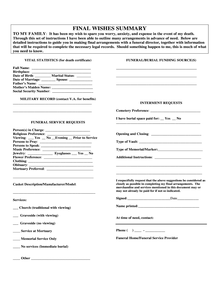 Fillable Online FINAL WISHES SUMMARY - Utah039s Funeral Planning Site ...