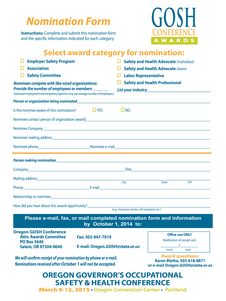 Fillable Online GOSH CONFERENCE A W A R D S Every organization ...