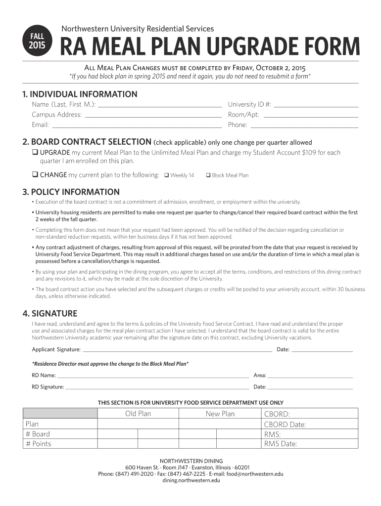 Fillable Online Ra meal plan upgrade bformb - Northwestern Dining Fax Email Print - pdfFiller