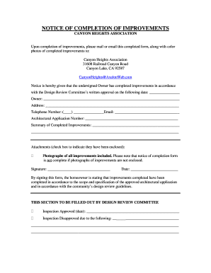 Fillable Online NOTICE OF COMPLETION OF IMPROVEMENTS - Canyon Heights ...