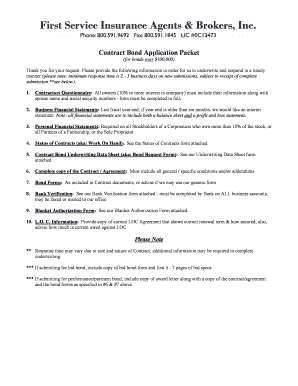 Fillable Online Contract Bond Application Packet - First Service ...