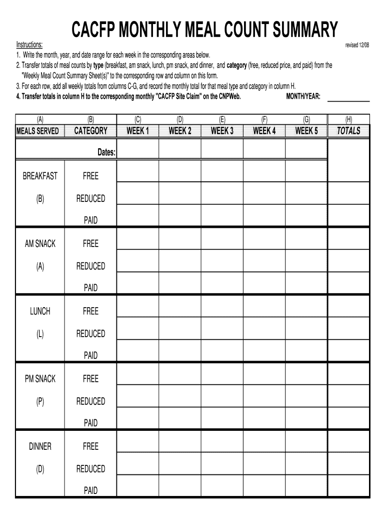 Fillable Online schools utah Weekly Record of Meals Srvd Meal Count Sum ...