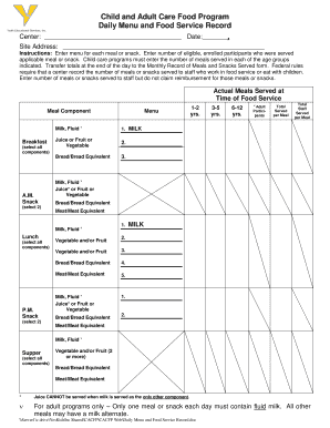 Fillable Online Child and Adult Care Food Program Daily Menu and Food ...
