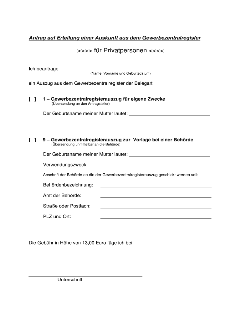 Ausfüllbar Online wesel Antrag auf Erteilung einer Auskunft aus dem Gewerbezentralregister Fax ...