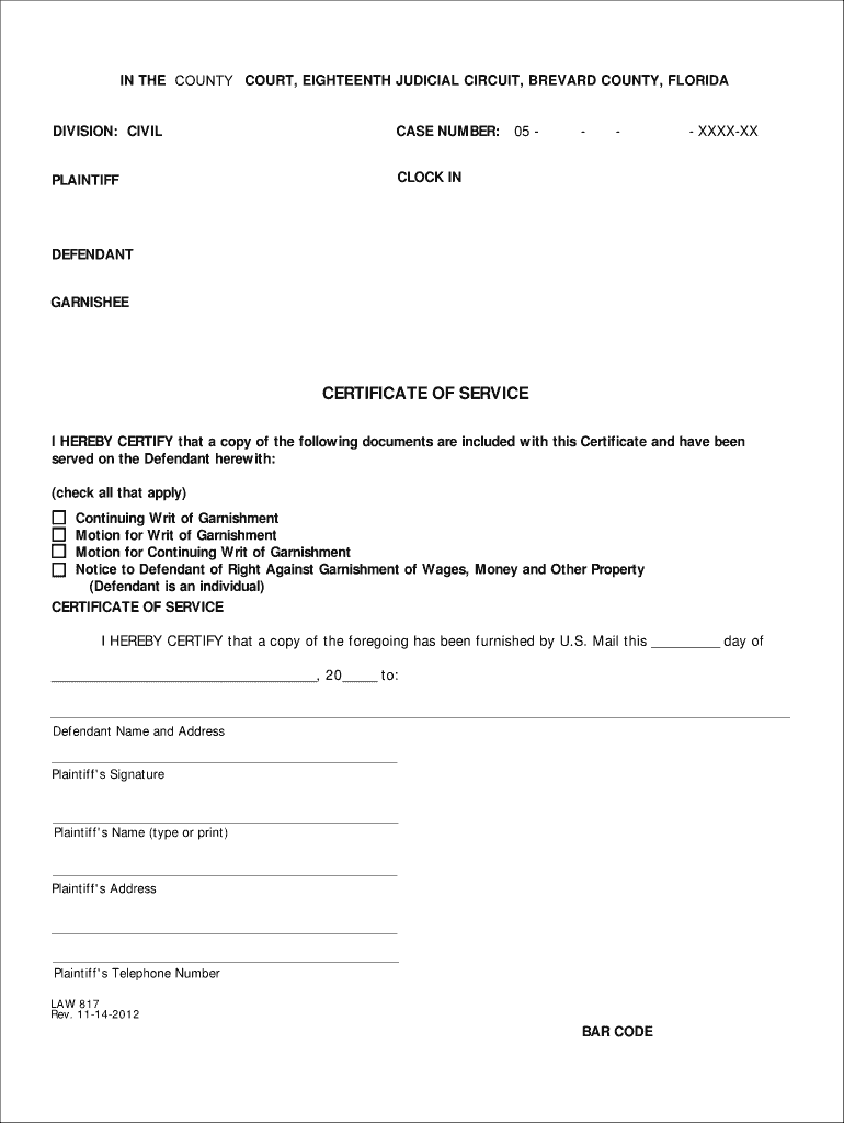 Fillable Online CERTIFICATE OF SERVICE - Brevard County Florida Fax ...