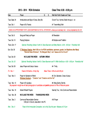 Fillable Online smmneenah 2011 2012 RCIA Schedule Class Time 630 830 p ...