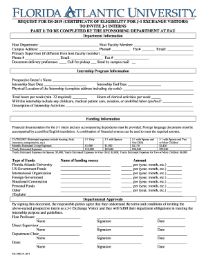 Fillable Online fau Request for DS 2019 Certificate of Eligibility for J-1 Exchange Visitors Fax ...