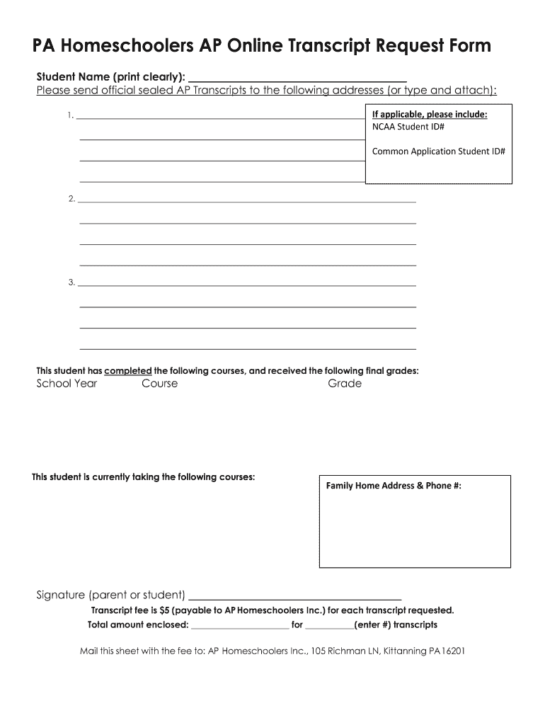 Fillable Online PA Homeschoolers AP Online Transcript Request Form Fax ...