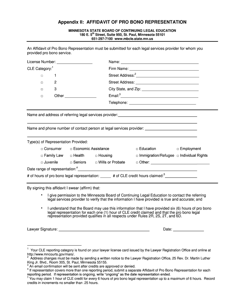 Fillable Online Appendix II AFFIDAVIT OF PRO BONO REPRESENTATION Fax ...
