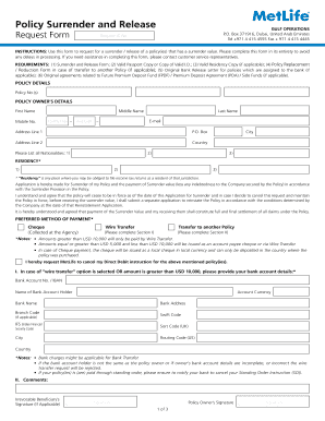 Fillable Online metlife Policy Surrender and Release Policy Surrender ...