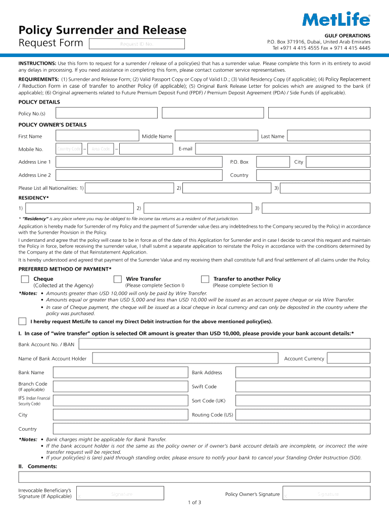 Fillable Online metlife Policy Surrender and Release Policy Surrender ...