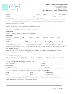 Fillable Online Splash Camp Registration Form Mon-Fri Fax Email Print ...