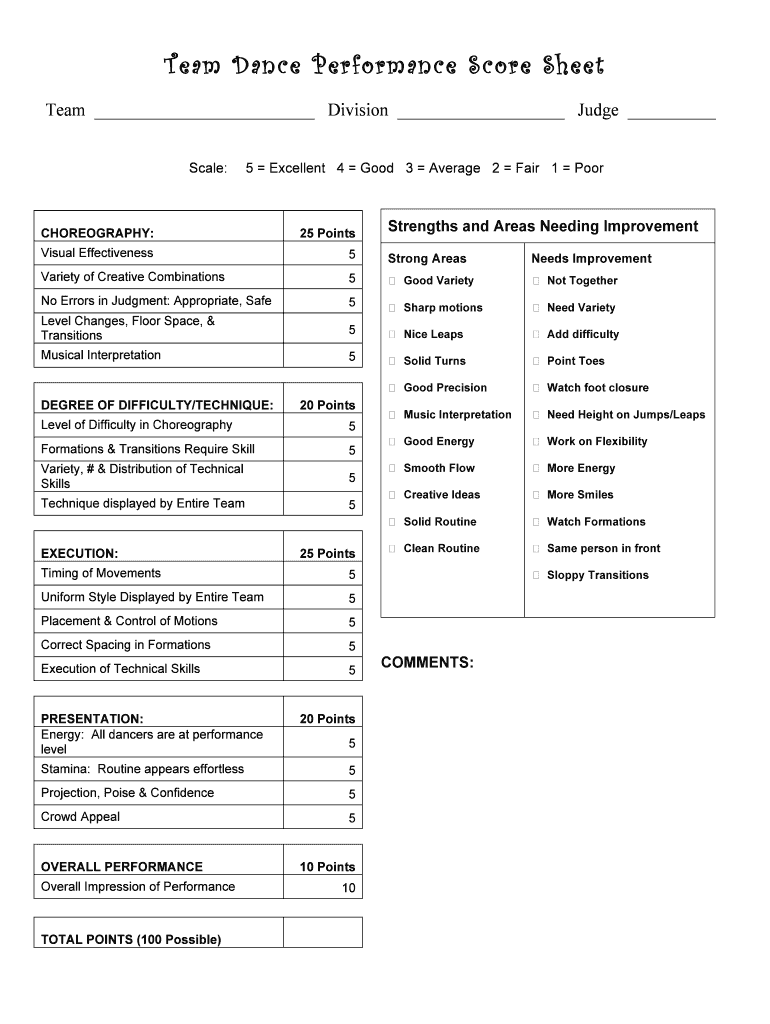 Fillable Online Team Dance Performance Score Sheet Fax Email Print ...