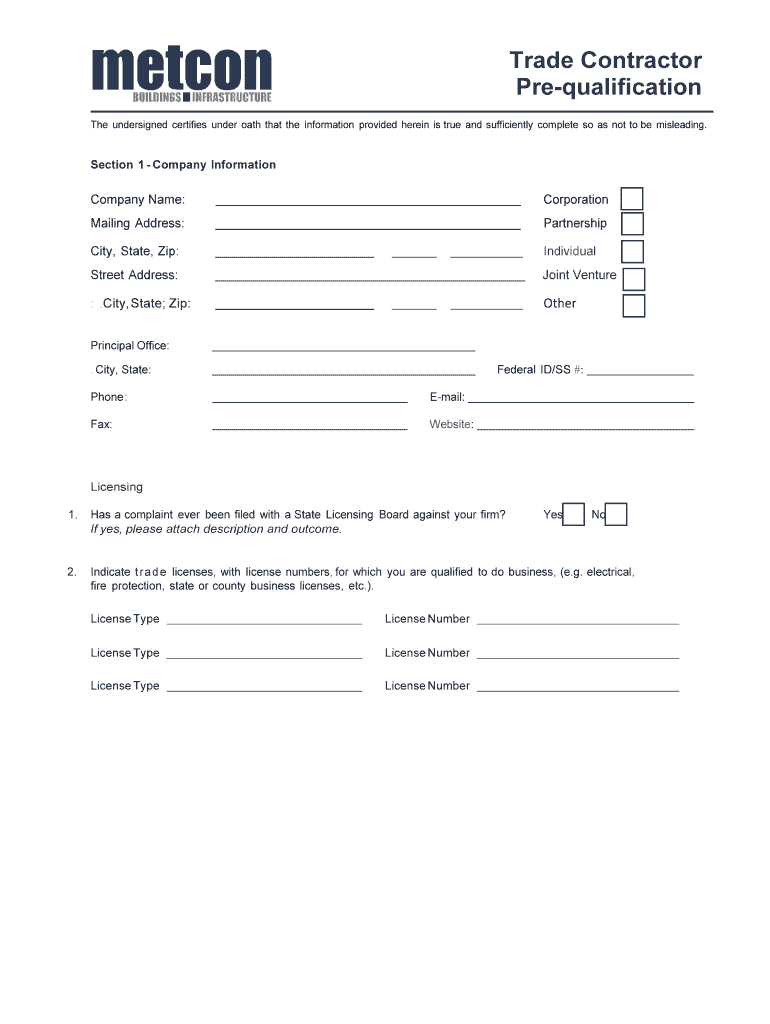 Fillable Online Trade Contractor Pre-qualification Fax Email Print ...