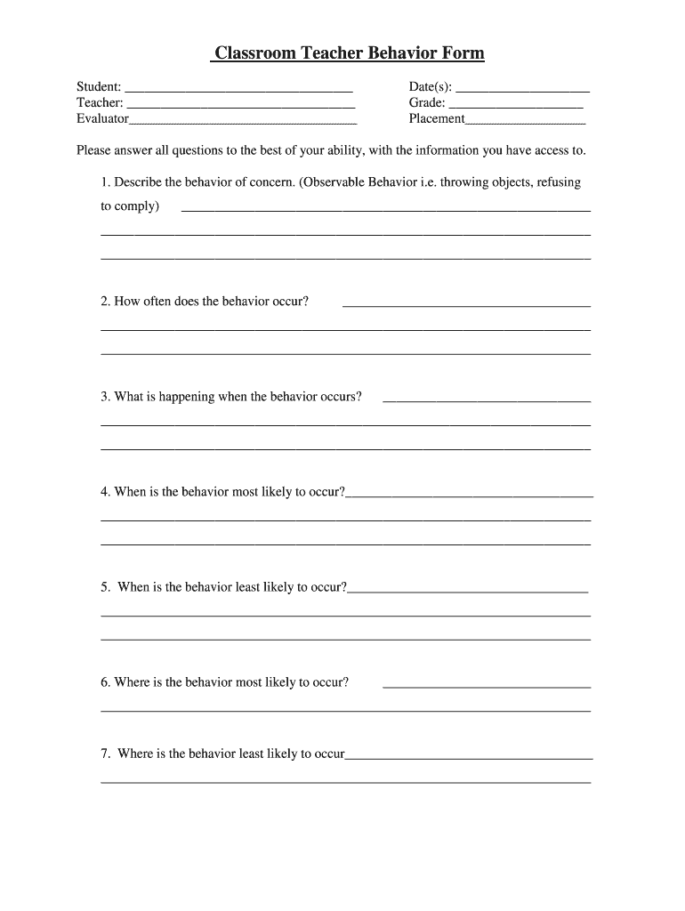 Fillable Online Classroom Teacher Behavior Form - Longwood Central ...