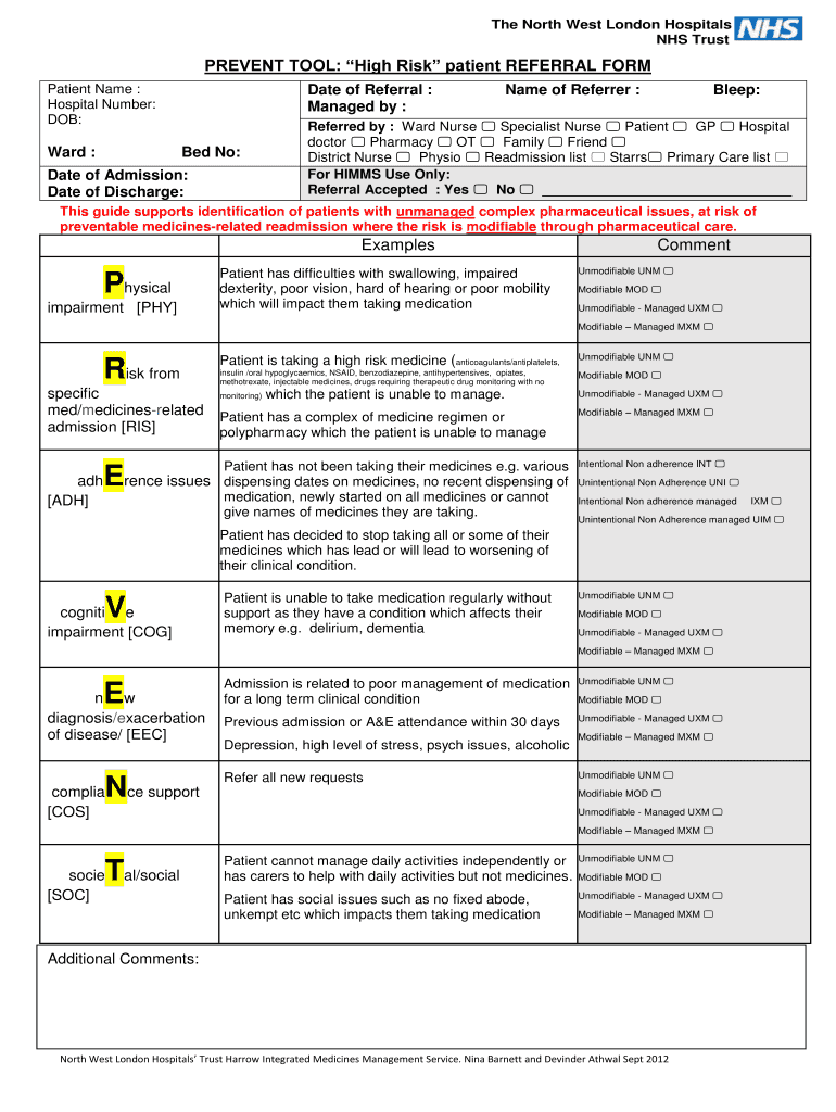 Fillable Online PREVENT TOOL High Risk patient REFERRAL FORM Fax Email ...