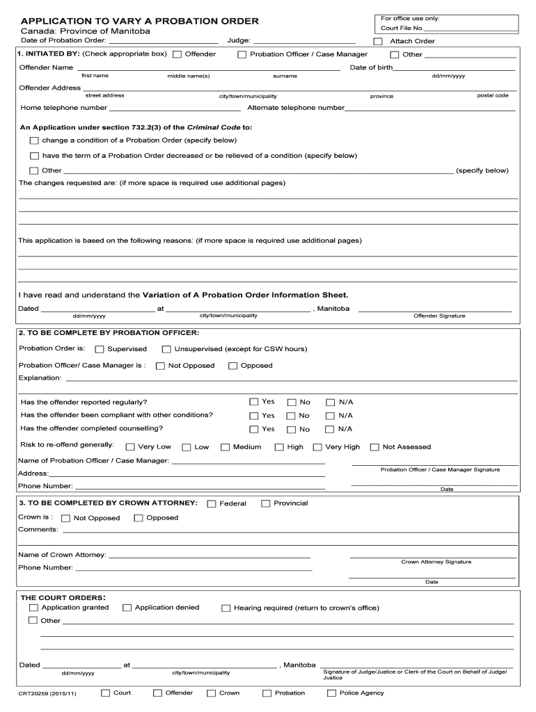 Fillable Online Application to vary a probation order - Manitoba Courts ...