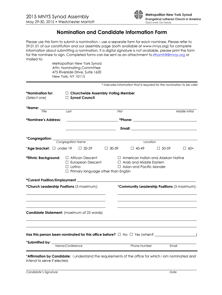 Fillable Online mnys SA15 Nomination Form - Metropolitan New York ELCA ...