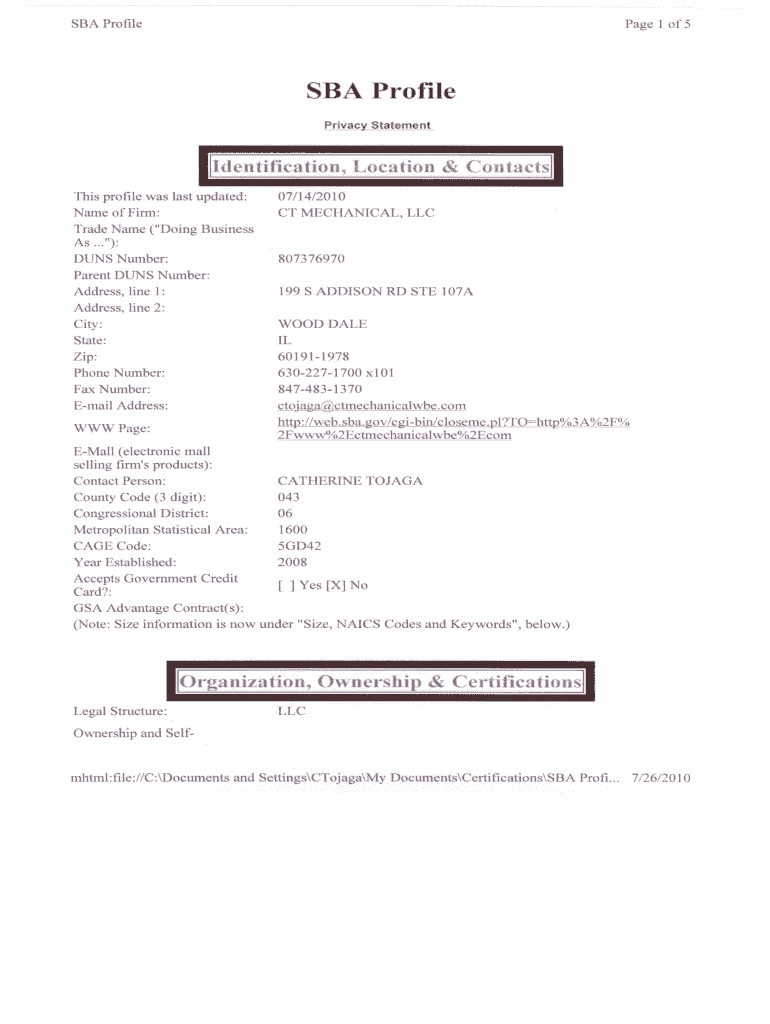 Fillable Online SBA Profile - CT Mechanical Fax Email Print - pdfFiller