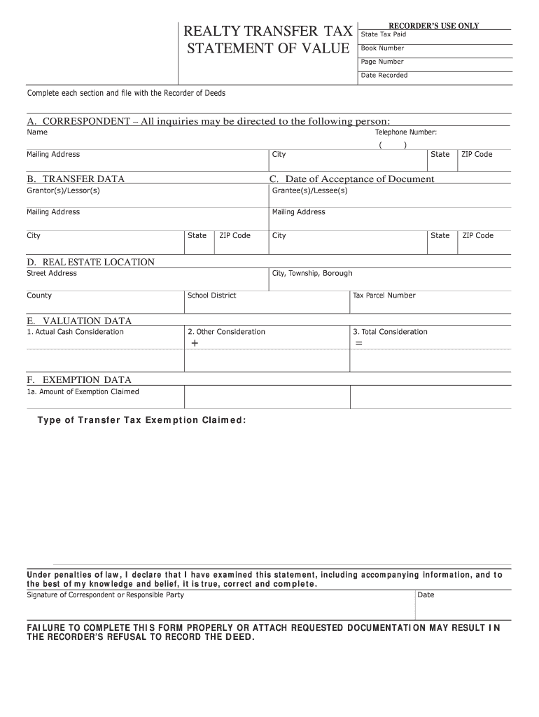 Fillable Online REALTY TRANSFER TAX STATEMENT OF VALUE RECORDERS USE ...