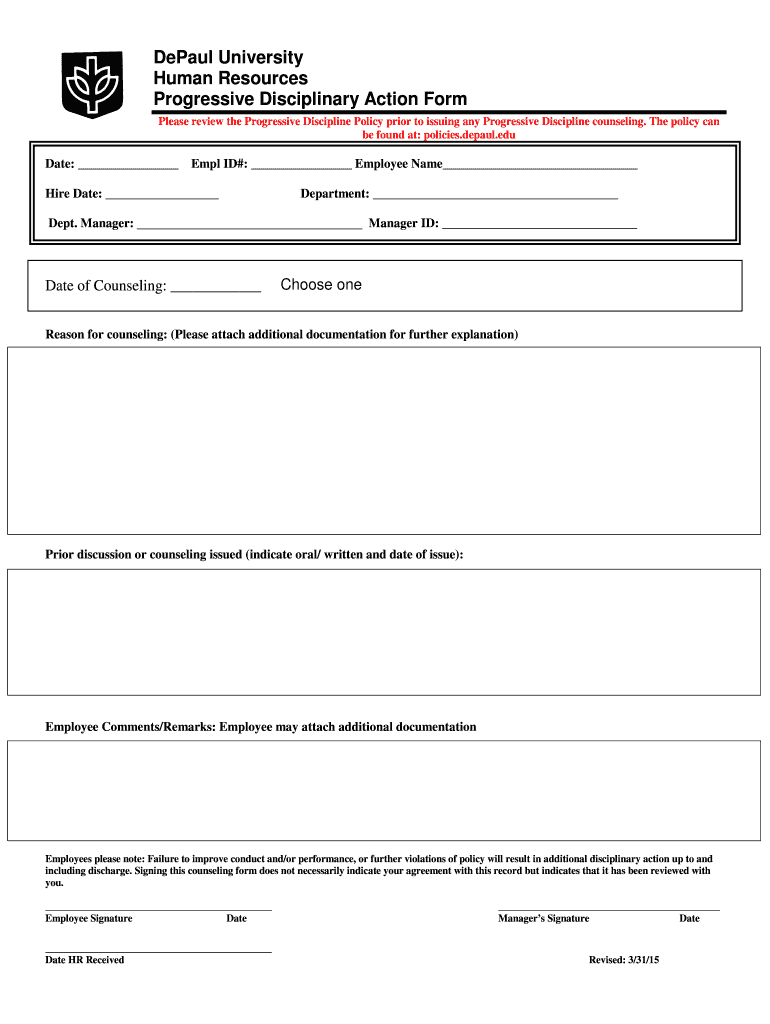 Fillable Online Progressive Disciplinary Action Form Fax Email Print ...