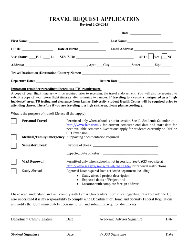 Fillable Online international lamar TRAVEL REQUEST APPLICATION ...