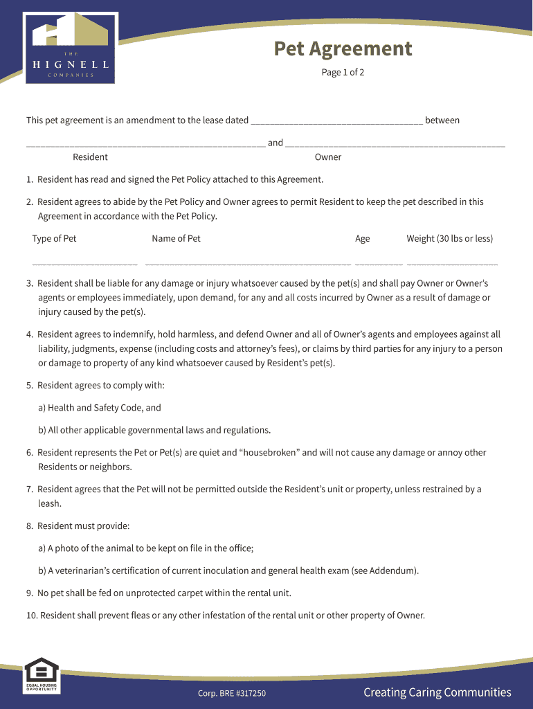 Fillable Online This pet agreement is an amendment to the lease dated ...