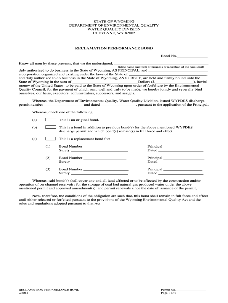 Fillable Online WQD Wypdes Cbm - Reclamation Performance Bond Fax Email ...