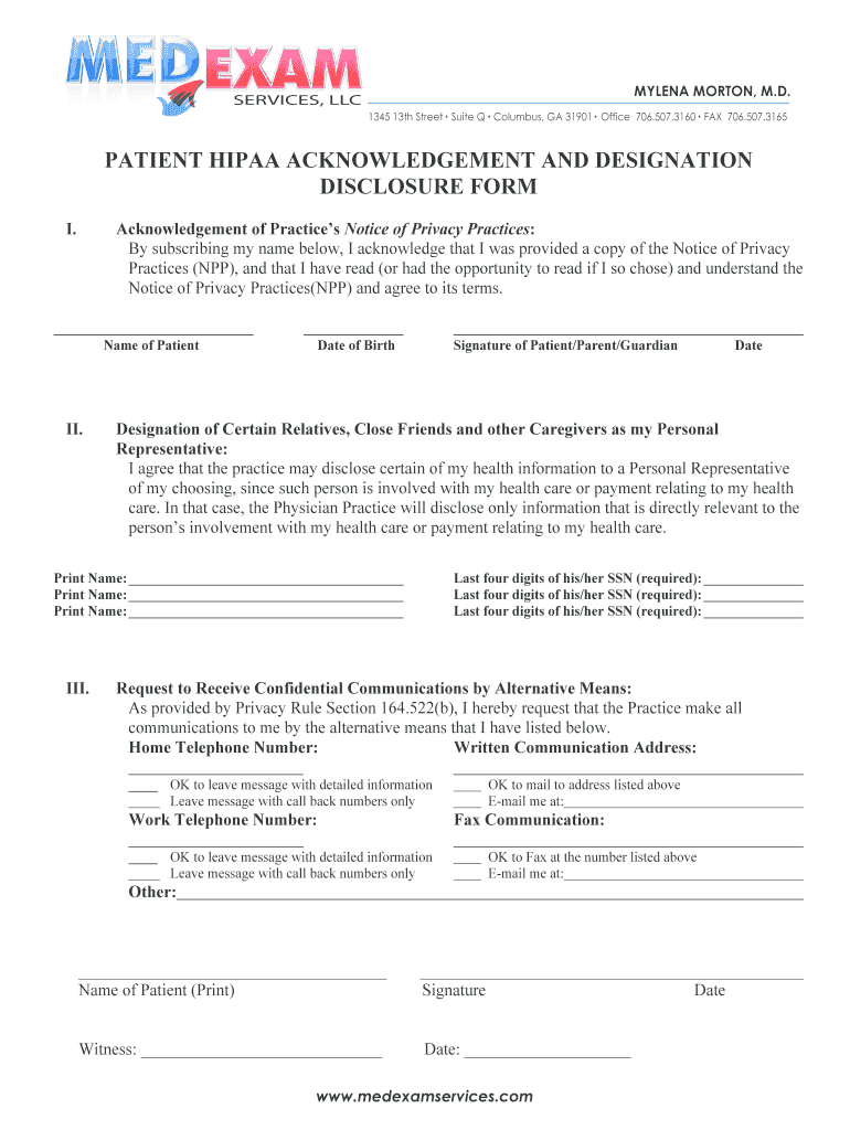 Fillable Online HIPAA ACKNOWLEDGEMENT Fax Email Print - pdfFiller