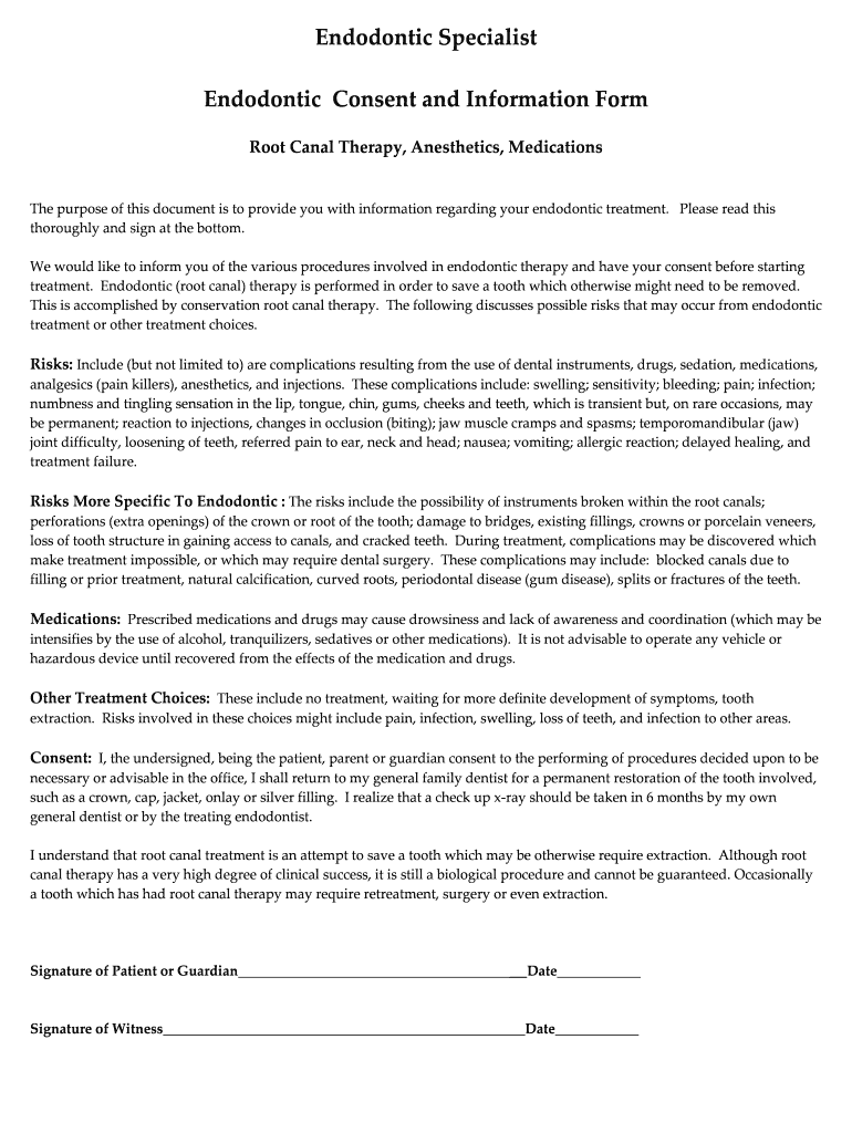 Fillable Online ENDODONTIC CONSENT AND INFORMATION FORM Fax Email Print - pdfFiller