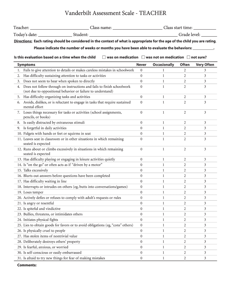 Fillable Online Vanderbilt Assessment Scale TEACHER Fax Email Print ...