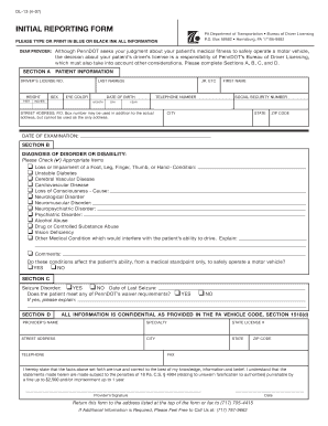 Fillable Online DL13 (407) INITIAL REPORTING FORM PA Department of ...