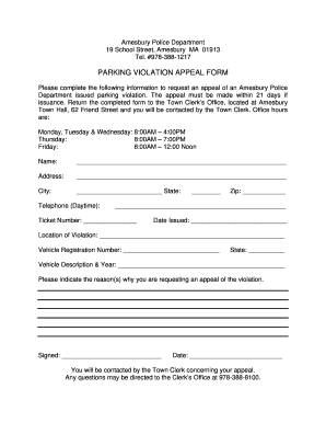 Fillable Online PARKING VIOLATION APPEAL FORM - Amesbury Fax Email ...