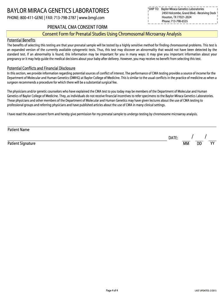 Fillable Online Prenatal CMA Consent Form - Baylor Miraca Genetics ...
