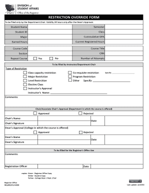 Fillable Online RESTRICTION OVERRIDE FORM Fax Email Print - pdfFiller