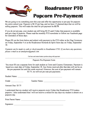 Fillable Online Roadrunner PTO Popcorn Pre-Payment Fax Email Print ...