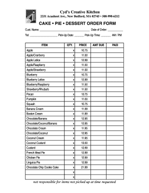 Fillable Online CAKE PIE DESSERT ORDER FORM Fax Email Print - pdfFiller