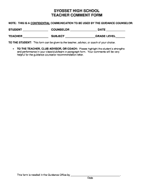 Fillable Online TEACHER COMMENT FORM Fax Email Print - pdfFiller