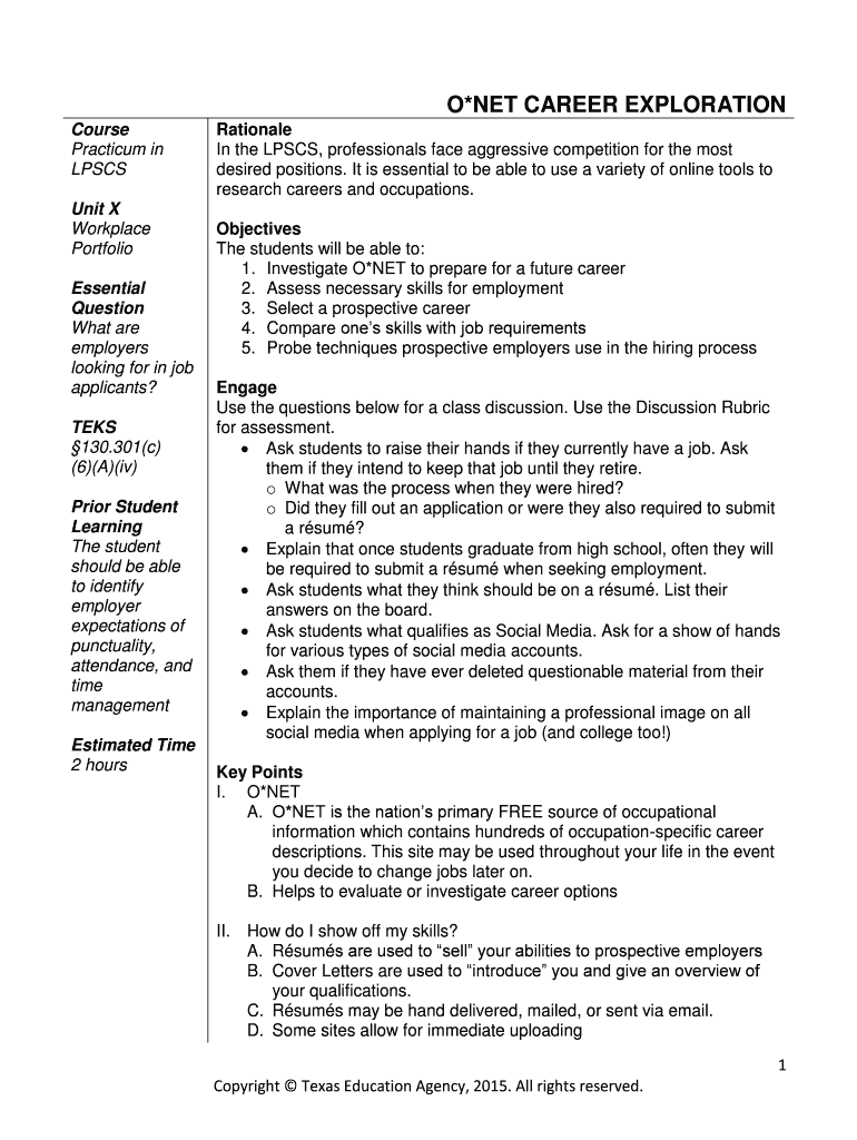Fillable Online ONET CAREER EXPLORATION - datacteuntorg Fax Email Print ...