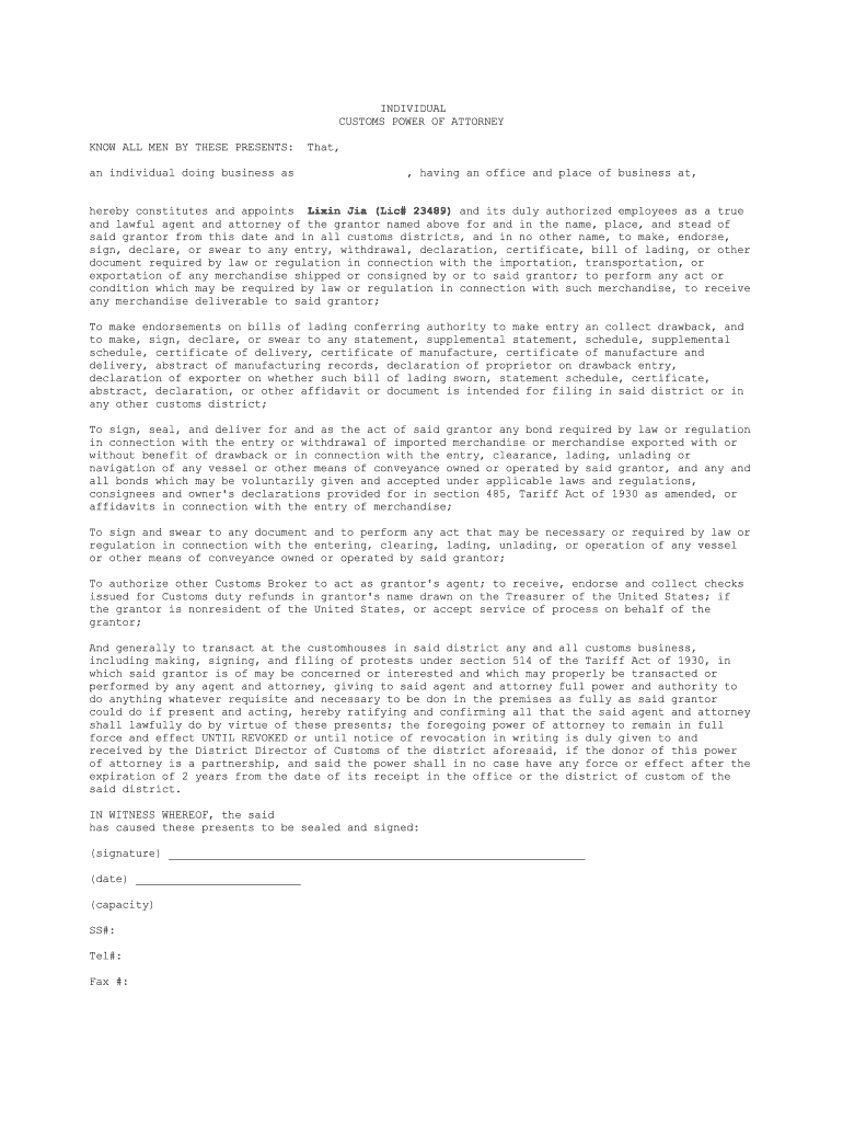 Fillable Online INDIVIDUAL CUSTOMS POWER OF ATTORNEY Fax Email Print ...